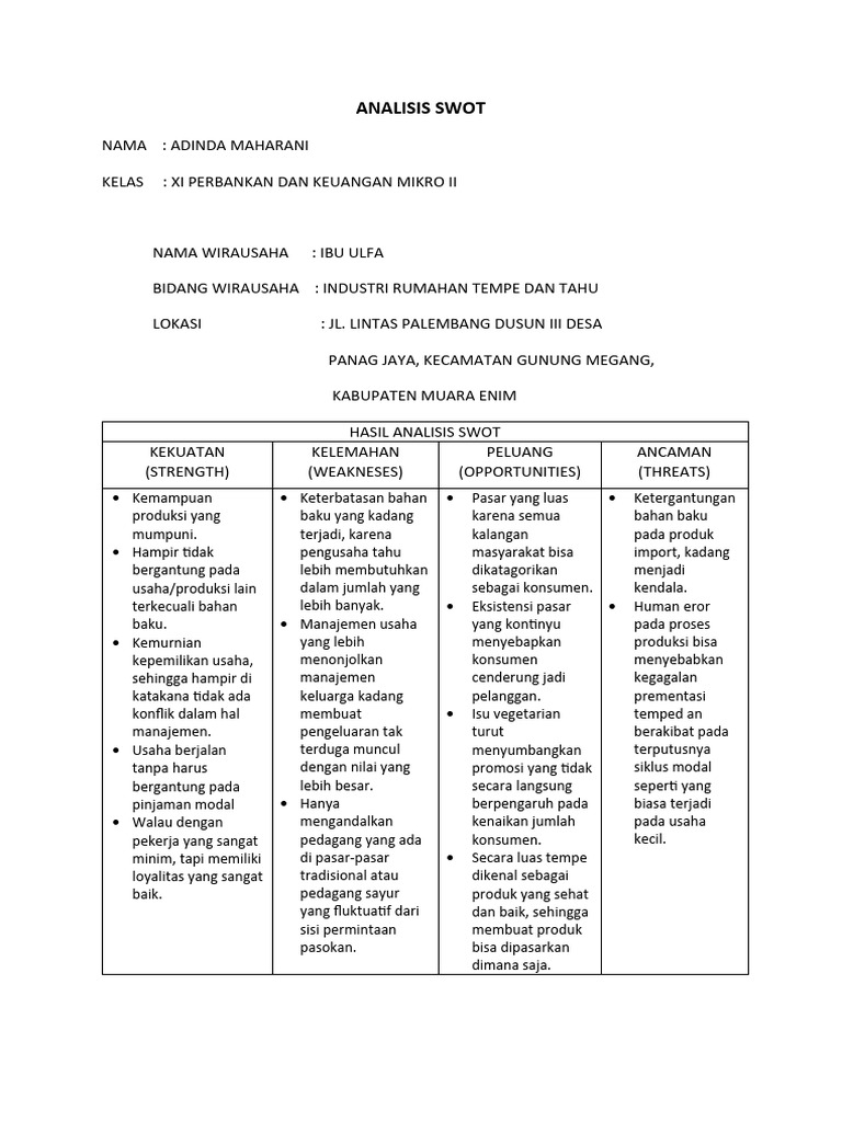 Analisis Swot by Adinda Maharani Xi PKM 2 | PDF