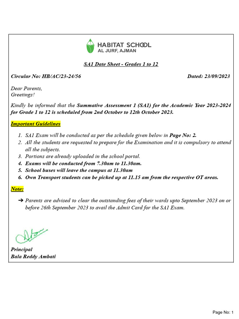 SA1 Exam Schedule for 2023-24 | PDF