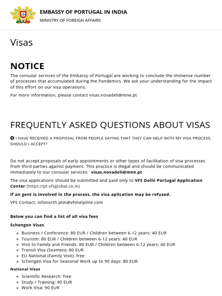 Visas - Consular Section - Embassy of Portugal in India | PDF | Travel Visa | National Security