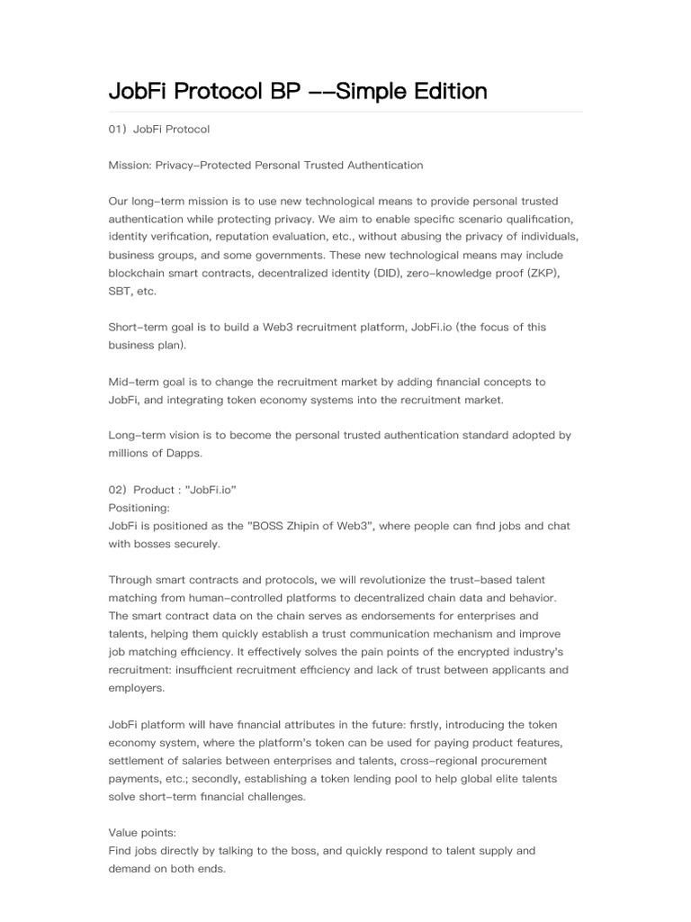JobFi Protocol BP - Simple Edition | PDF | Cryptocurrency | Recruitment