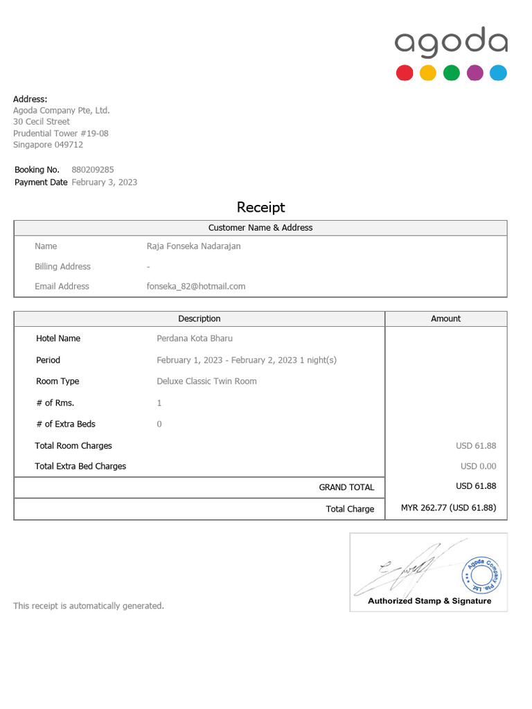 Agoda Booking ID 880209285 - RECEIPT Enclosed | PDF