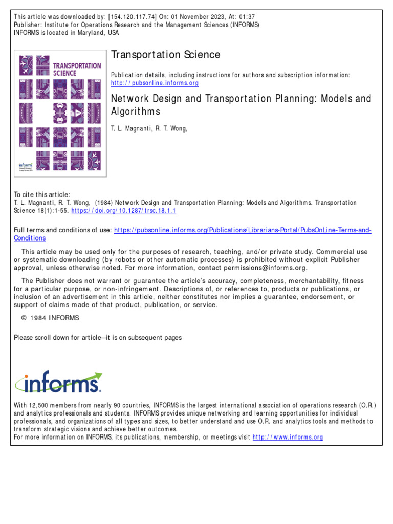 Magnanti Wong 1984 Network Design and Transportation Planning Models and Algorithms | PDF ...