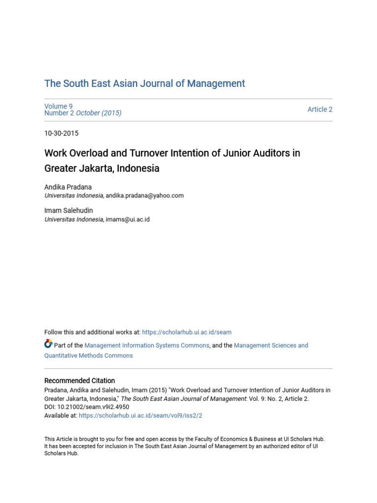 Work Overload and Turnover Intention of Junior Auditors in Greate | PDF | Structural Equation ...