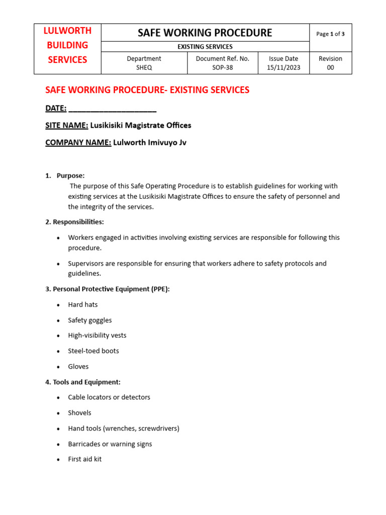 Safe Working Procedure Existing Services | PDF | Working Conditions ...