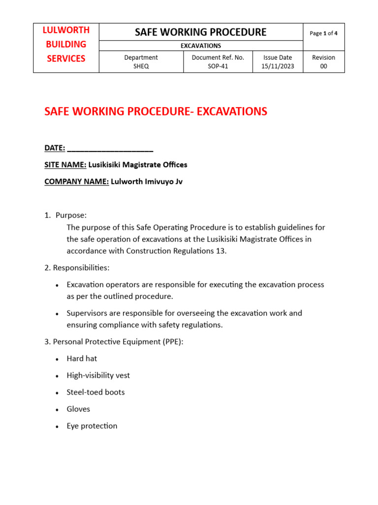 Safe Working Procedure Excavations | PDF | Personal Protective ...
