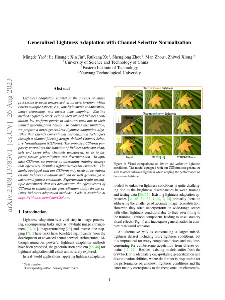 Generalized Lightness Adaptation With Channel Selective Normalizationy | PDF | Applied ...