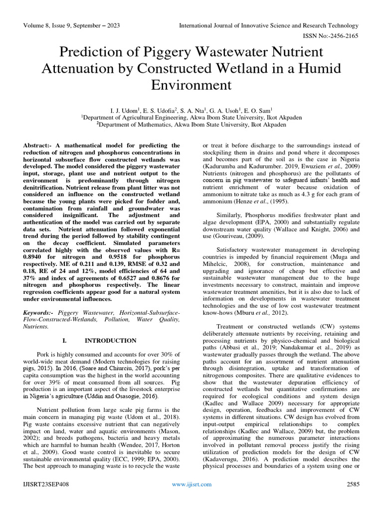Prediction of Piggery Wastewater Nutrient Attenuation by Constructed Wetland in A Humid ...