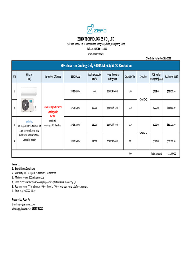 Zero AC Quotation | Download Free PDF | Manufactured Goods