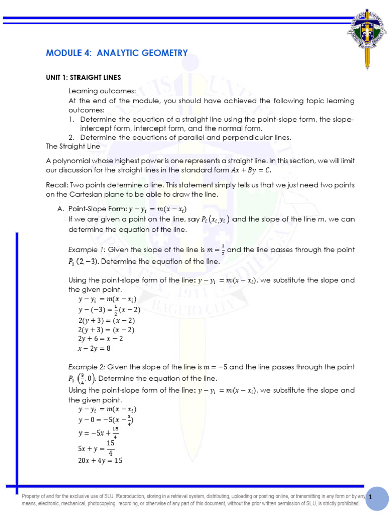 Module 4: Analytic Geometry: Unit 1: Straight Lines | PDF | Line (Geometry) | Circle