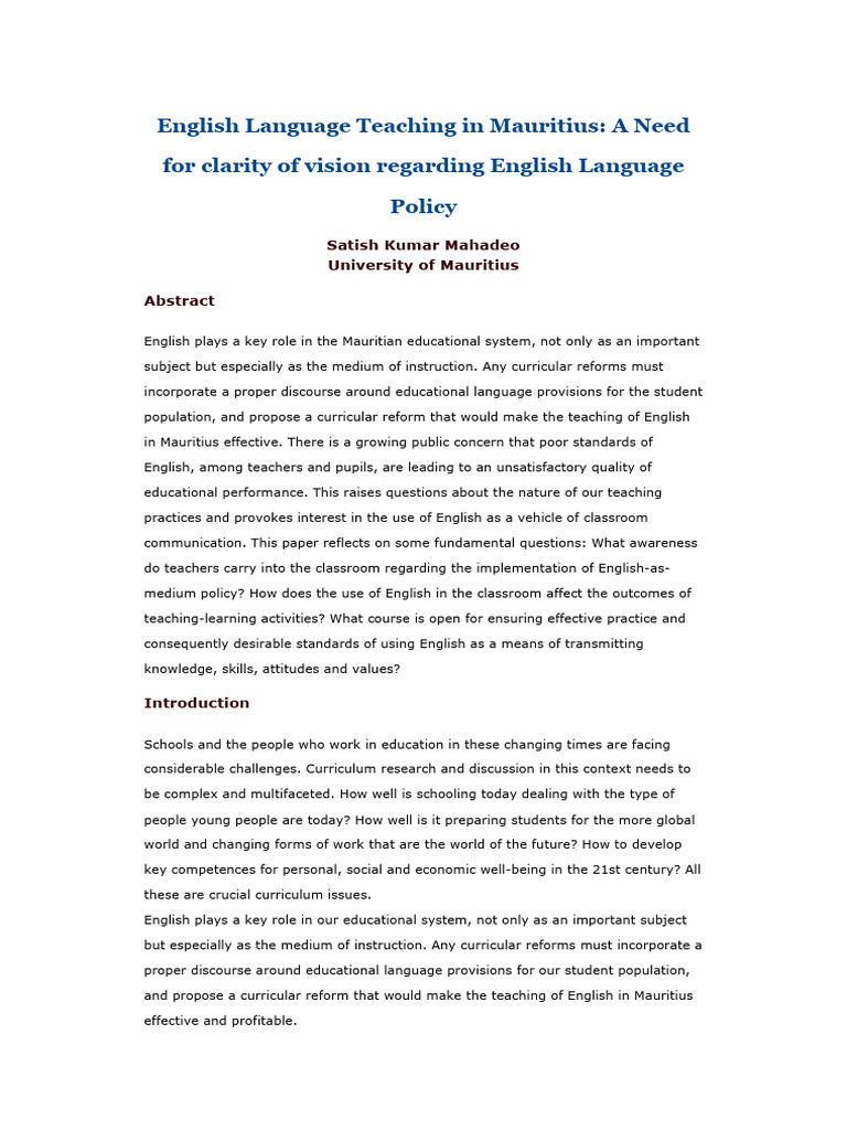English Language Policy in Mauritius | PDF | Teachers | English Language