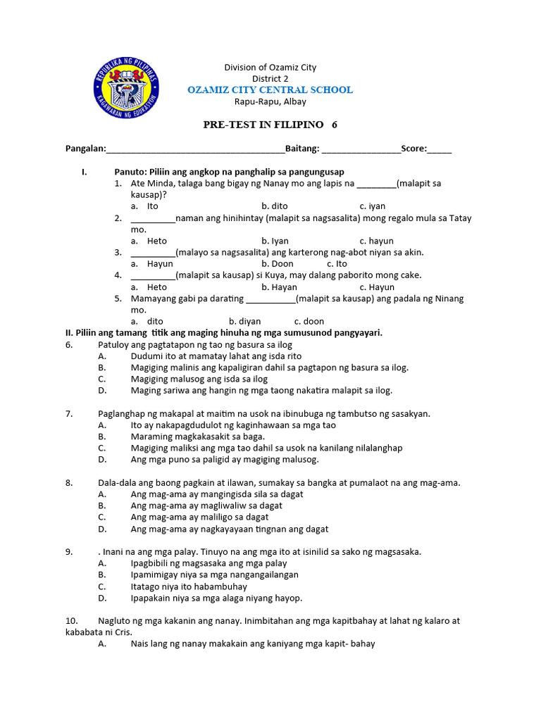 Pre-Test Filipino 6 | PDF