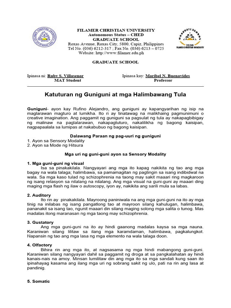 Fil. 414 Katuturan NG Guniguni at Halimbawang Tula Ruby S. Villasenor | PDF