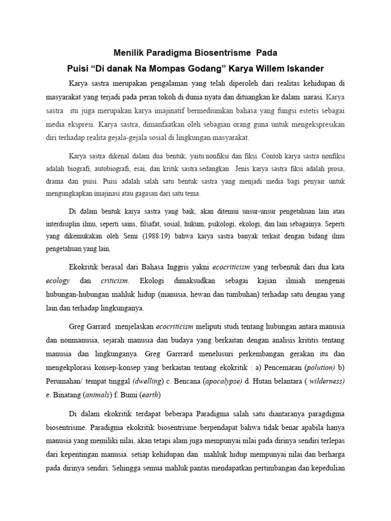 Menilik Paradigma Biosentrisme Pada Puisi "Di Danak Na Mompas Godang" Karya Willem Iskander | PDF