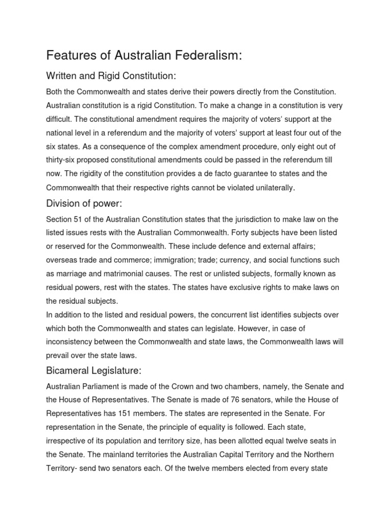 Features of Australian Federalism | PDF | States And Territories Of ...