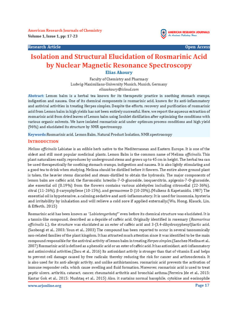 Akoury e 2015 - Isolation and Structure Elucidation of Rosmarinic Acid by NMR Spectro | PDF ...