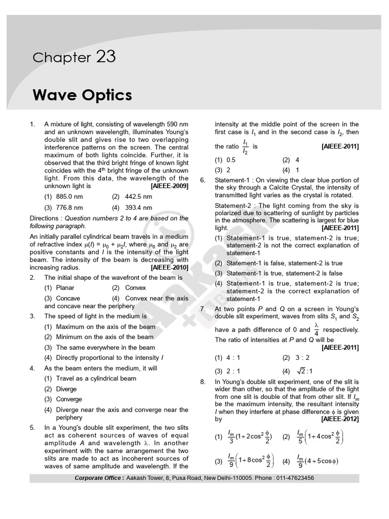 P - Ch-23 - Wave Optics | PDF | Diffraction | Wavelength