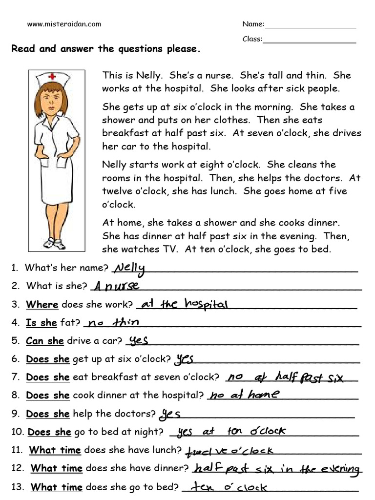 Nelly The Nurse Reading Comprehension Reading Comprehension Exercises ...