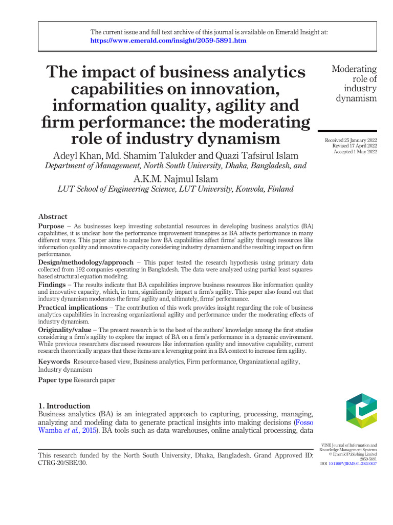 The Impact of Business Analytics Capabilities On Innovation, Information Quality, Agility and ...