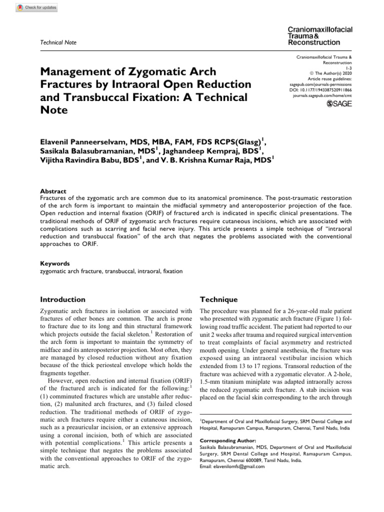 Management of Zygomatic Arch Fractures by Intraoral Open Reduction and ...