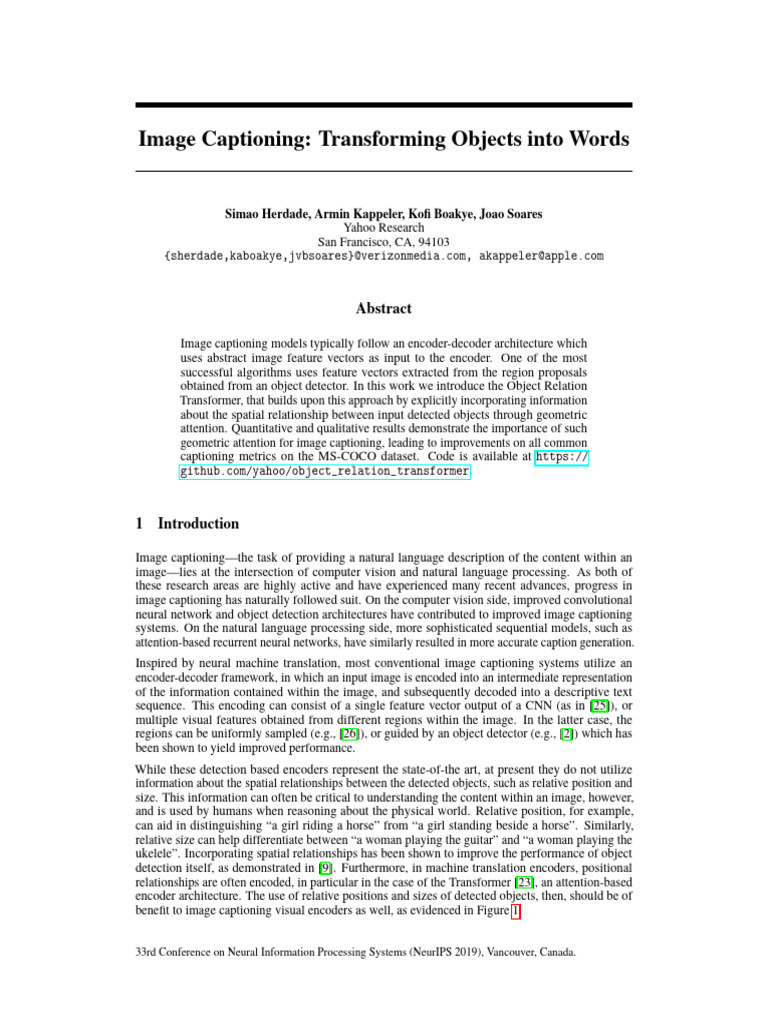 NeurIPS 2019 Image Captioning Transforming Objects Into Words Paper ...