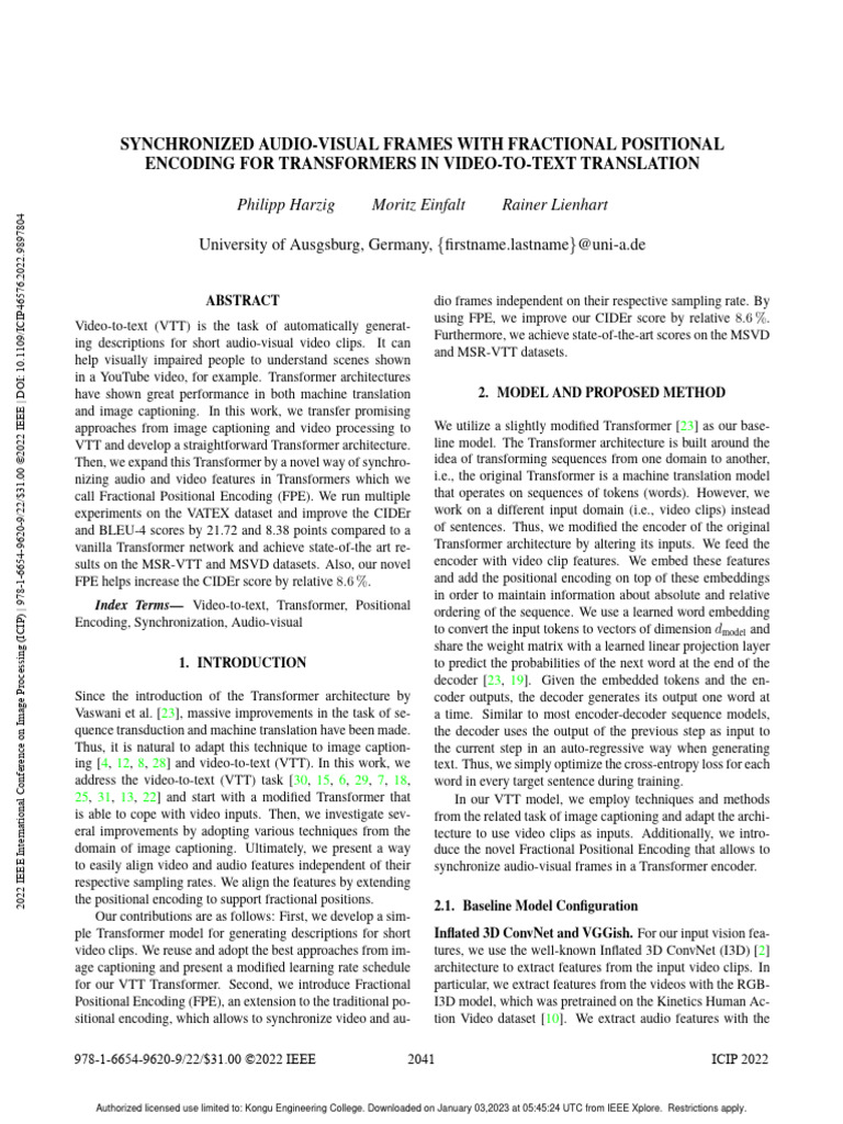 Synchronized Audio-Visual Frames With Fractional Positional Encoding For Transformers in Video ...