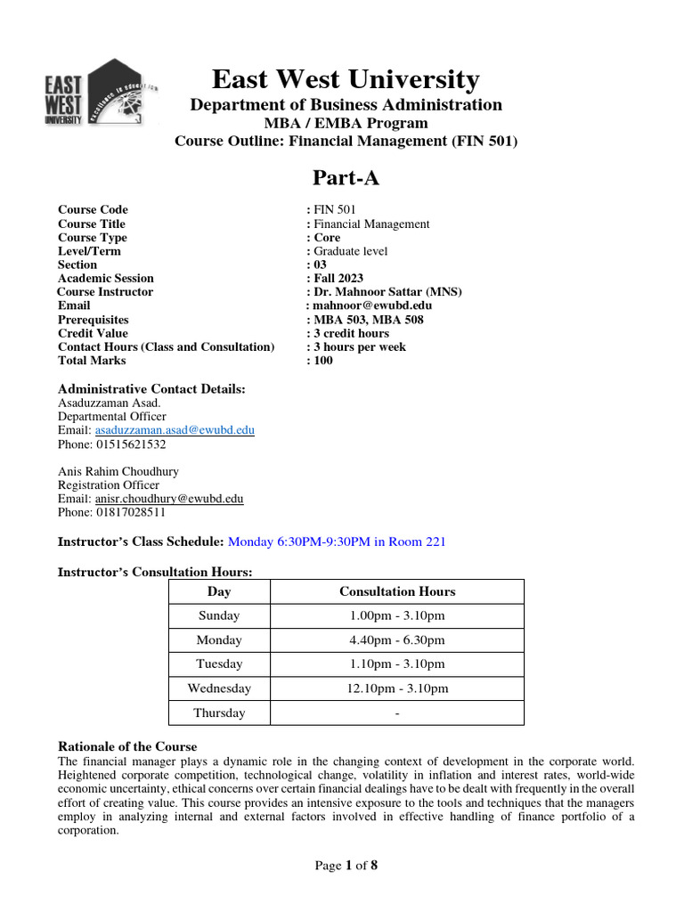 FIN 9501 MNS MBA Course Outline | PDF | Investing | Valuation (Finance)