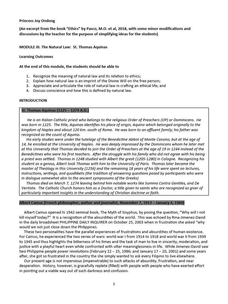 Natural Law & Ethics for Students | PDF | Natural Law | Thomas Aquinas