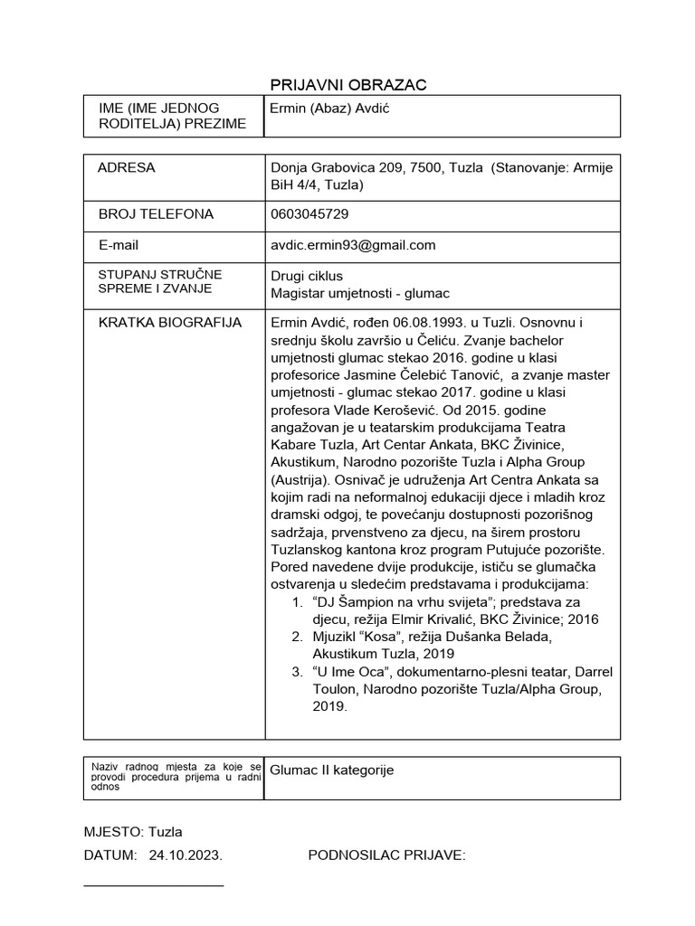 Prijavni Obrazac 1 | PDF