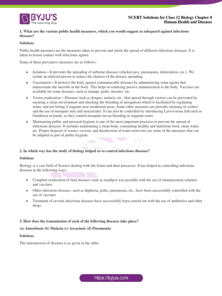 NCERT Solutions For Class 12 March 30 Biology Chapter 8 Human Health ...