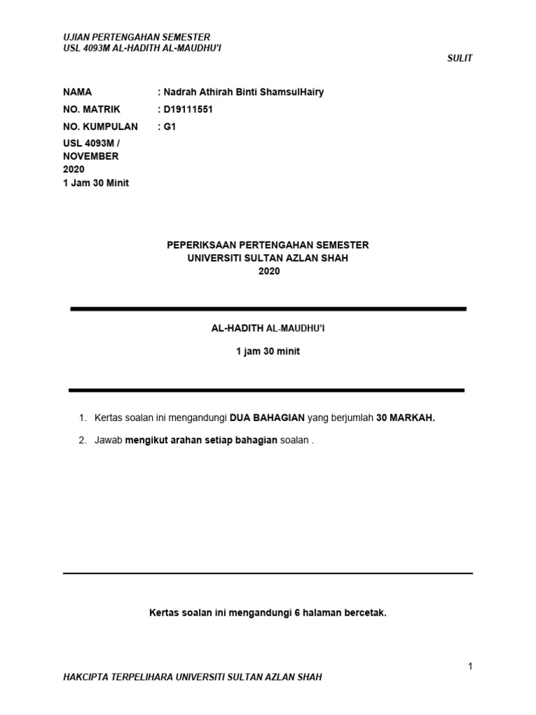Midterm AL-HADITH AL-MAUDHUI Sem 1 (2021) | PDF