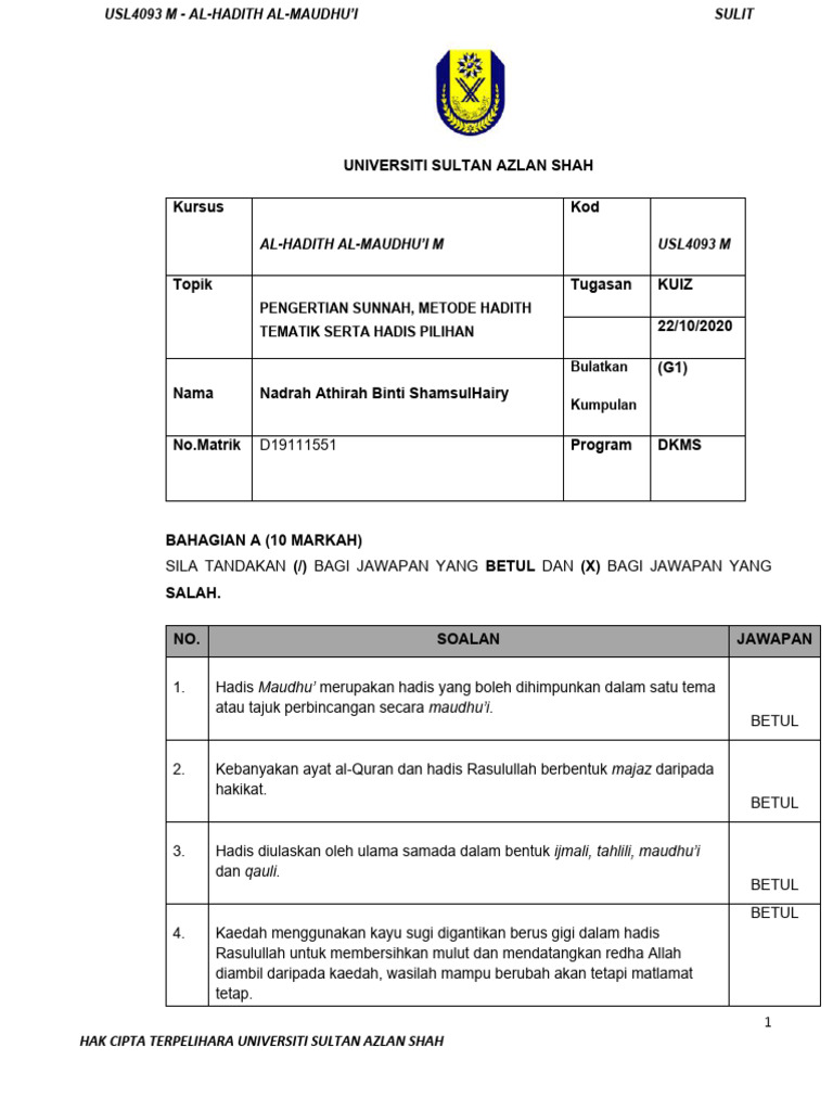 Kuiz Al-Hadith Al-Maudhui M (2020) - New | PDF