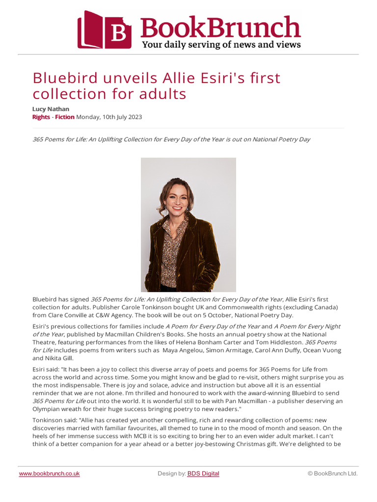 Bookbrunch Bluebird Unveils Allie Esiris First Collection For Adults | PDF