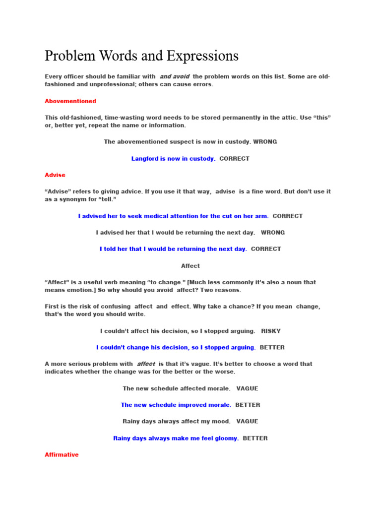 Problem Words and Expressions | PDF