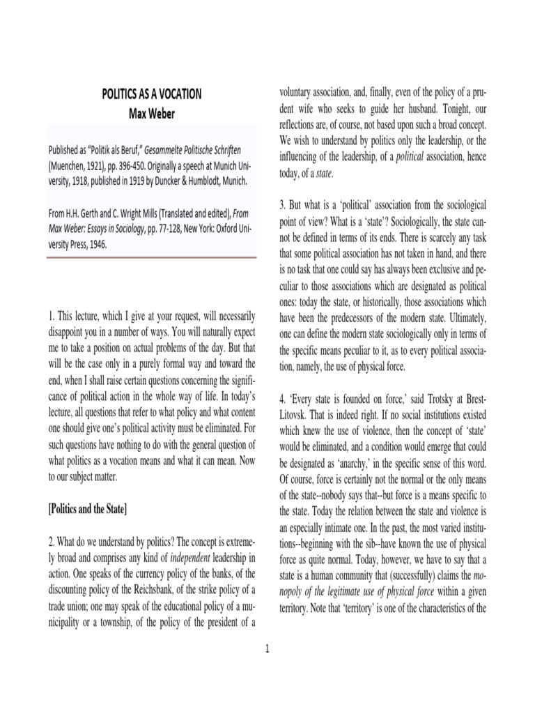 Max Weber's Politics as Vocation | PDF | Cabinet (Government) | State ...