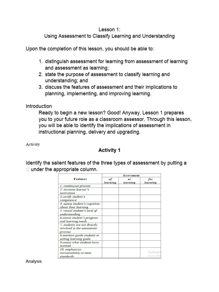 M4 L1Assessment For Learning Using Assessment To Classify Learning and ...