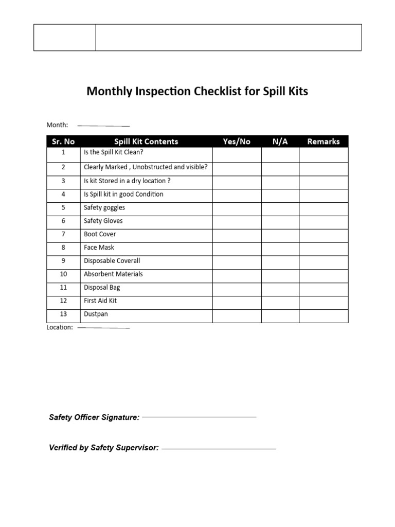 Spill Kit Inspection Checklist | PDF Spill Kit Inspection Checklist | PDF