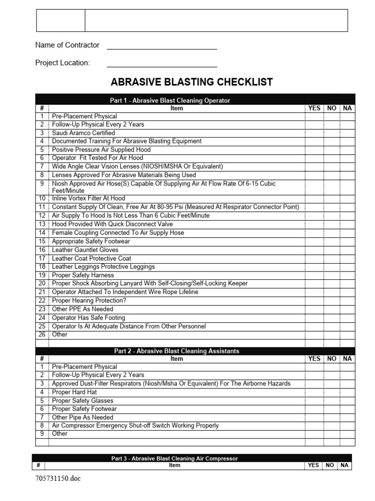 57 - Abbrasive Blasting Check List | PDF | Gases | Manufactured Goods