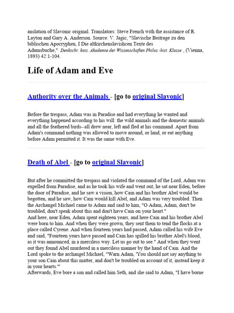 Life of Adam and Eve: A Slavonic Translation | PDF | Adam | Adam And Eve