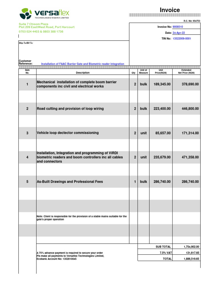 FAAC Barrier Gate Installation | PDF | Invoice | Electrical Engineering