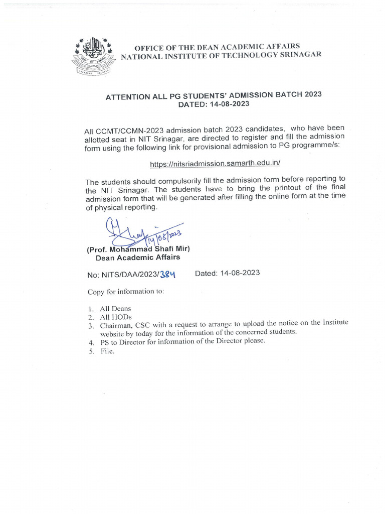 Notice For PG Students (Admission Batch 2023) | PDF