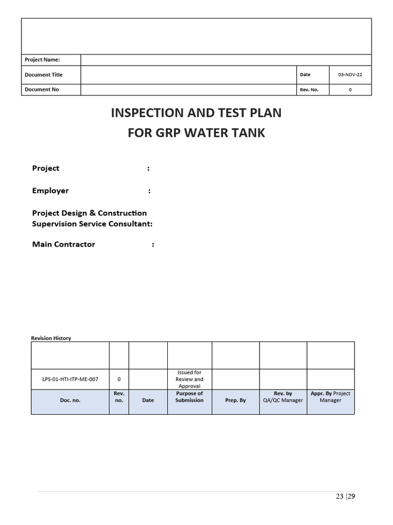Lps 01 Hti Itp Me 007 GRP Water Tank | PDF | Pipe (Fluid Conveyance ...