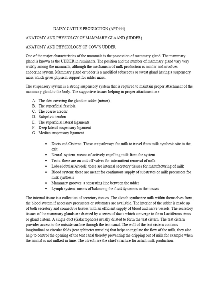 Dairy Cattle Production Note Apt444 | PDF | Milk | Lactation