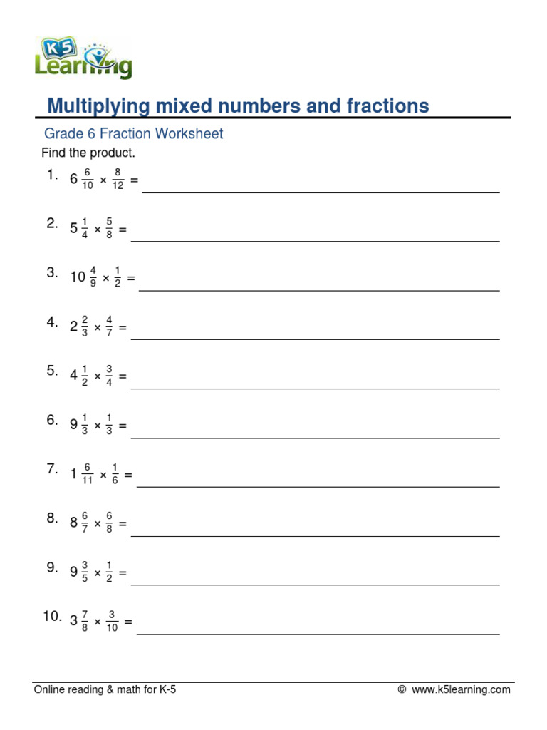 Grade 6 Multiplying Mixed Numbers and Fractions A | PDF | Teaching ...