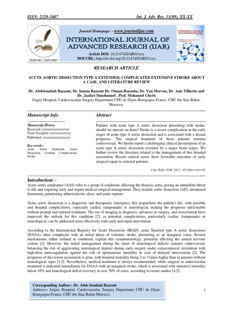 Acute Aortic Dissection Type A Extended, Complicated Extensive Stroke About A Case, and ...