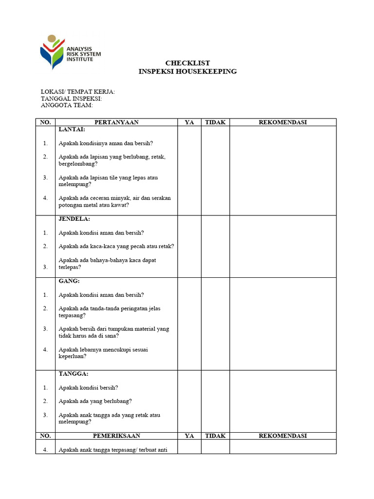 2 - Checklist Inspeksi Housekeeping Kosong | PDF