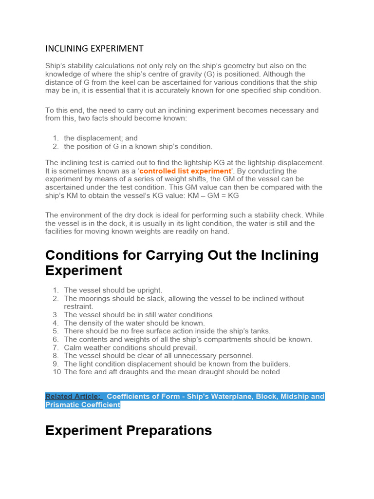 Ideal Conditions for Inclining Experiment | PDF | Ships | Water Transport