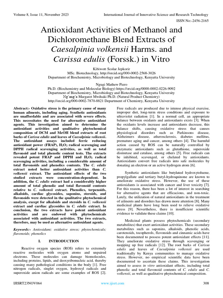 Antioxidant Activities of Methanol and Dichloromethane Blend Extracts of Caesalpinia Volkensii ...