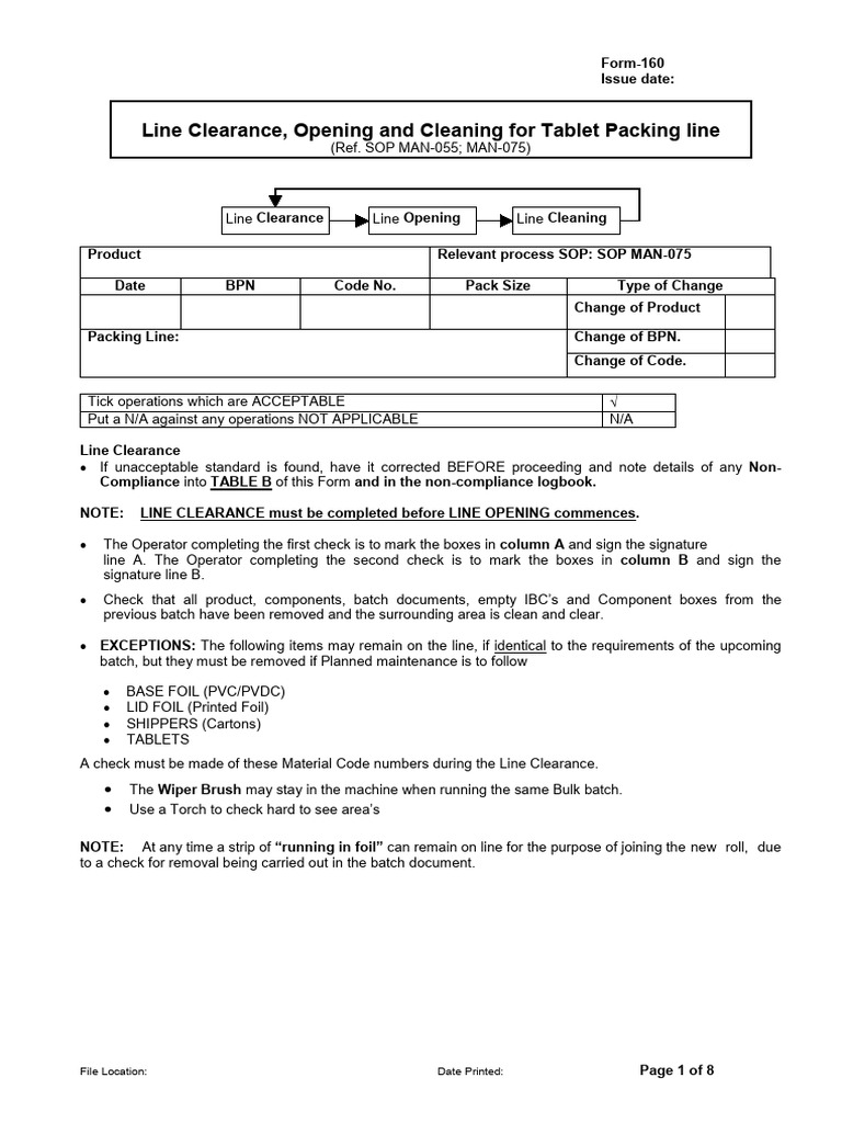 Form 160 Example - Line - Clearance Opening and Cleaning Form For Tablet Packing | Download Free ...