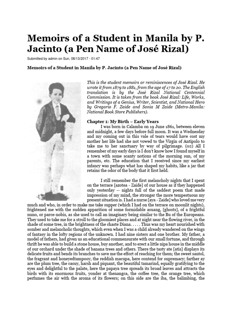 Memoirs of A Student in Manila by P. Jacinto Pen Name of Rizal PDF ...