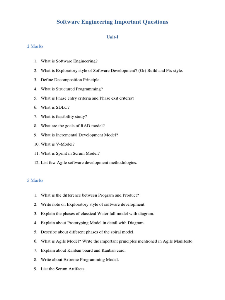 Software Engineering Important Questions | PDF | Software Development Process | Agile Software ...